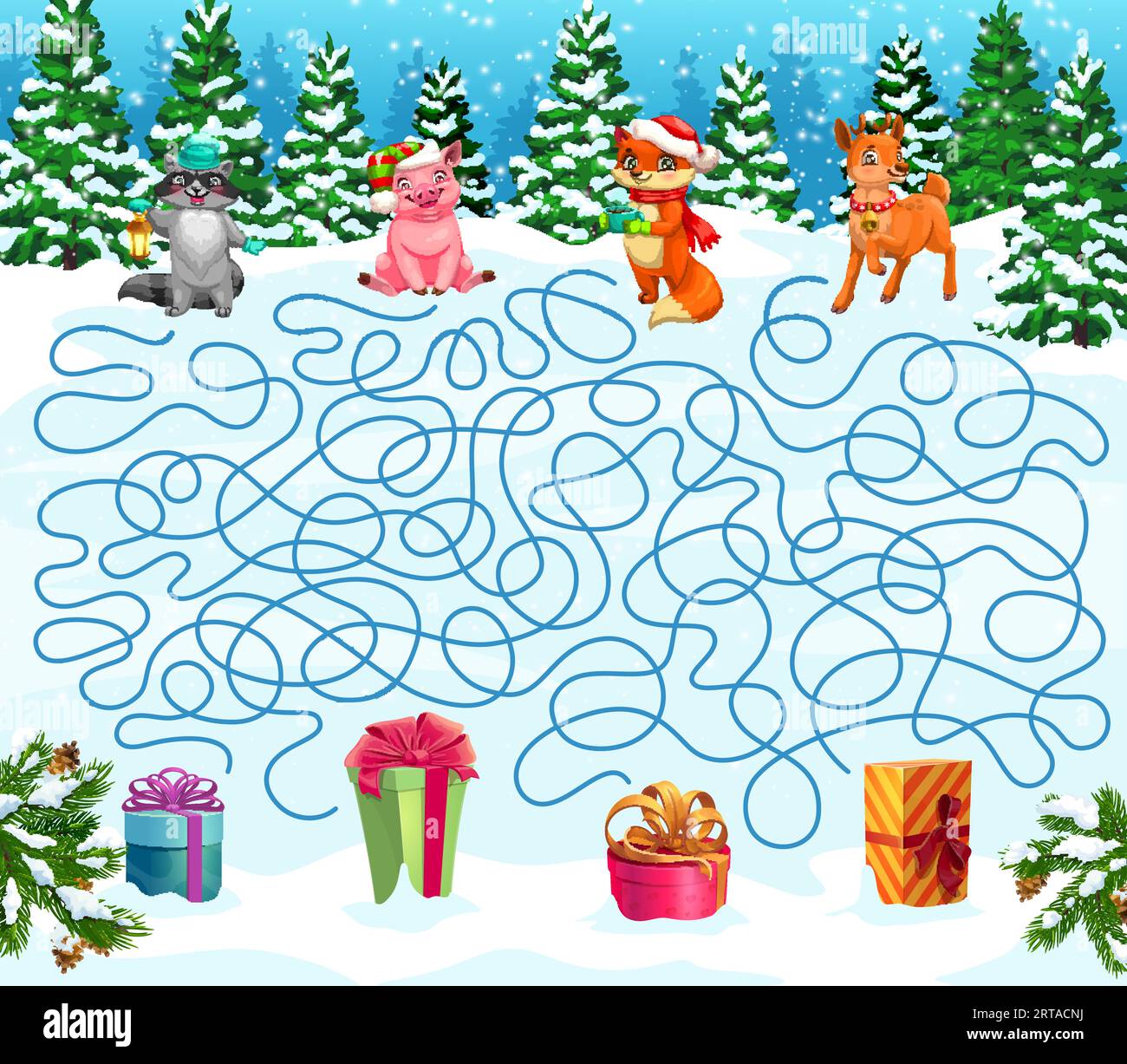 Christmas labyrinth maze help to funny animals find their gifts. Kids ...