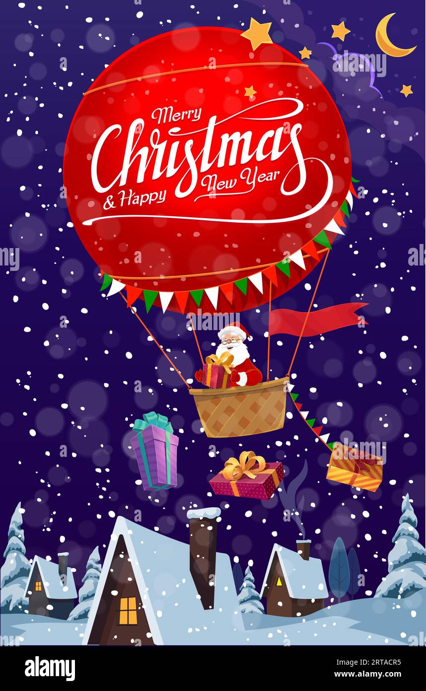 Cartoon Santa flying on air balloon and throwing gifts. Vector ...
