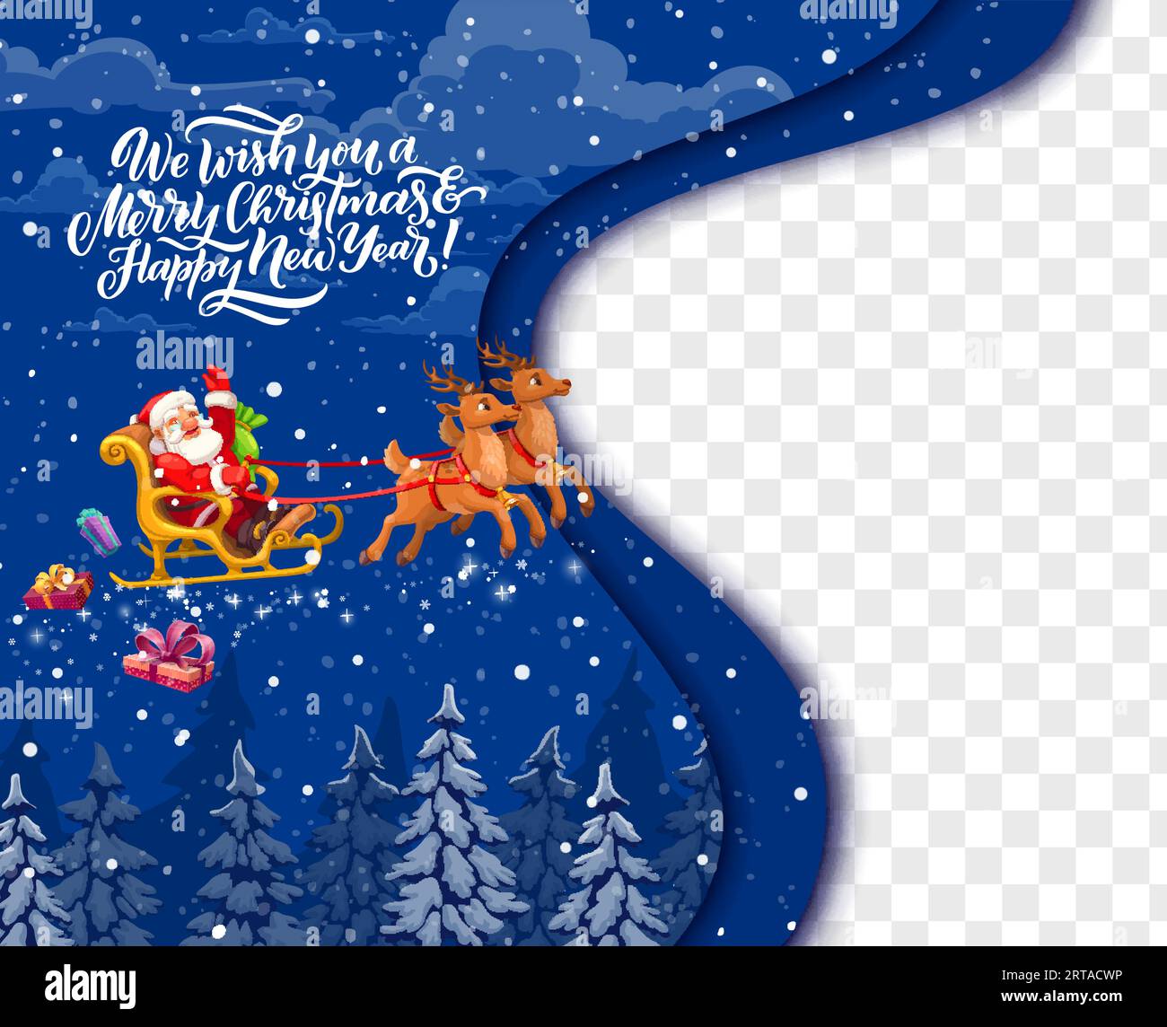 Santa flying on sleigh. Christmas paper cut greeting card. Vector 3d ...