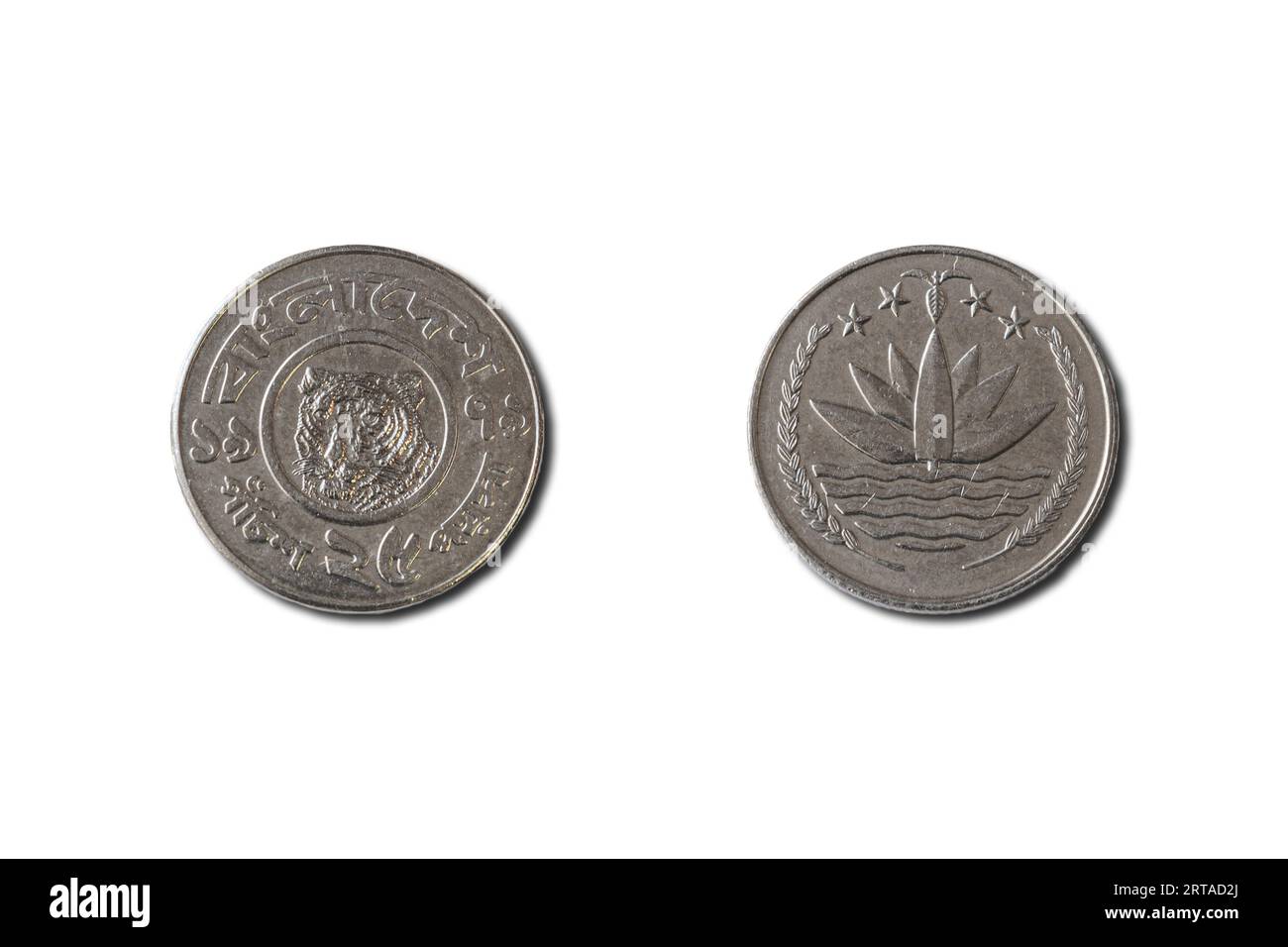 A closeup of Bangladeshi taka, 25 poisha coin on a white background ...