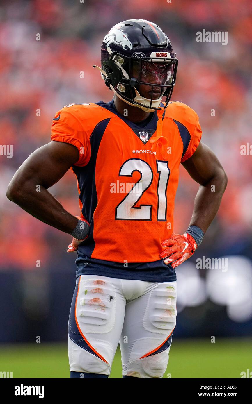 Denver Broncos cornerback Essang Bassey (21) looks on against the Las ...