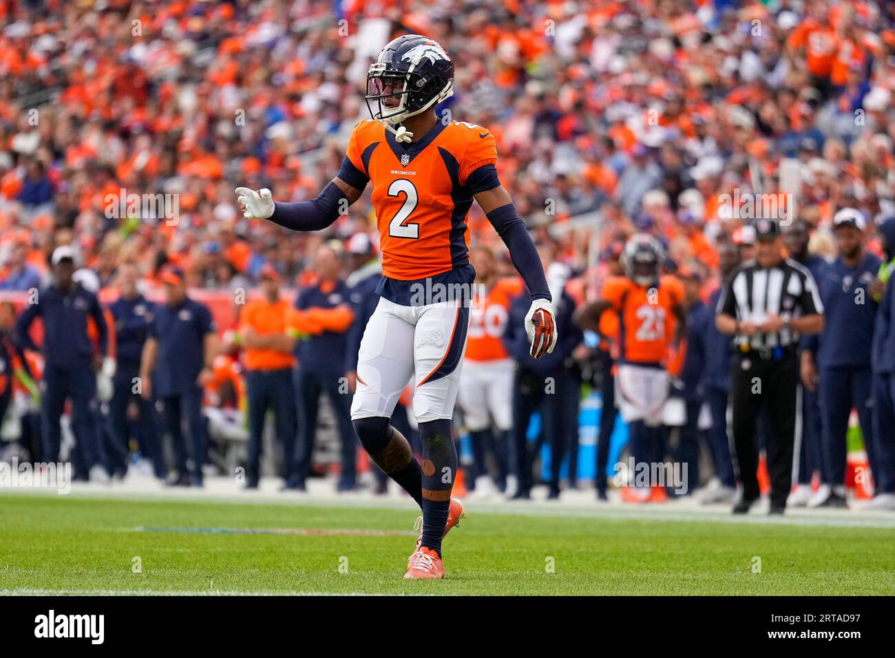 Denver Broncos cornerback Pat Surtain II (2) reacts against the Las ...