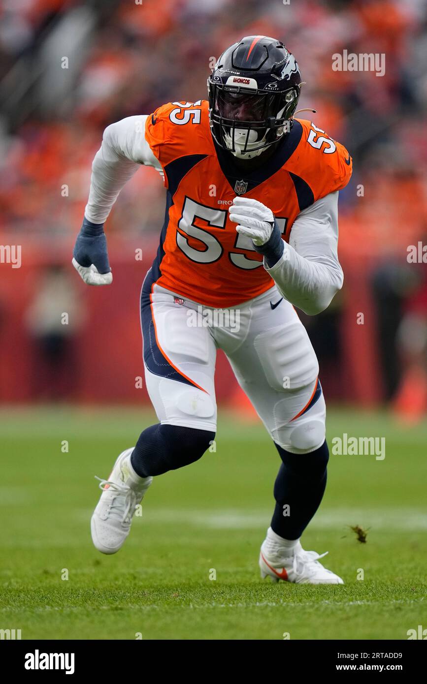 Denver Broncos linebacker Frank Clark (55) plays against the Las Vegas ...