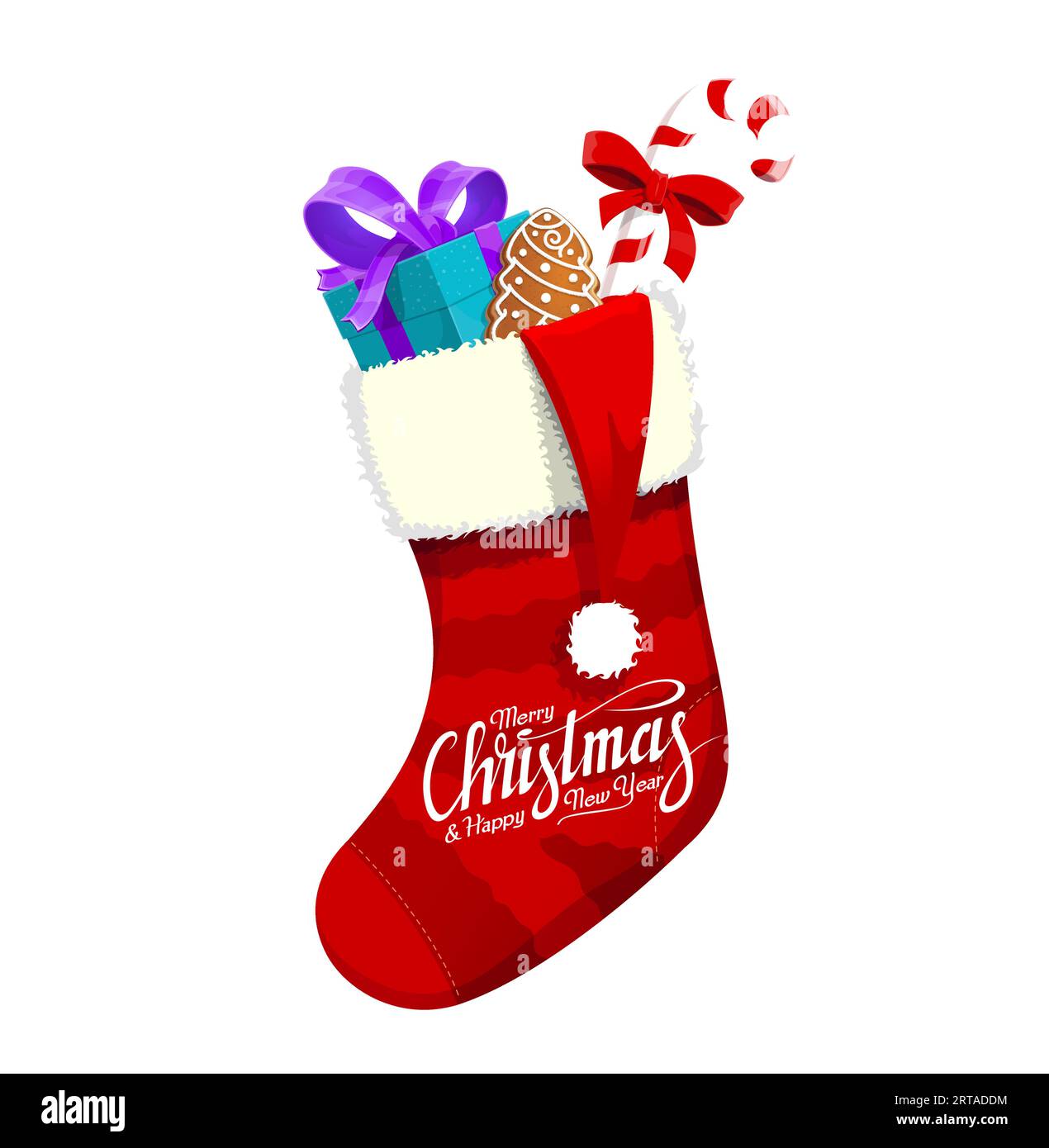Stocking sock. Cartoon Christmas sock with gift, gingerbread cookie and ...