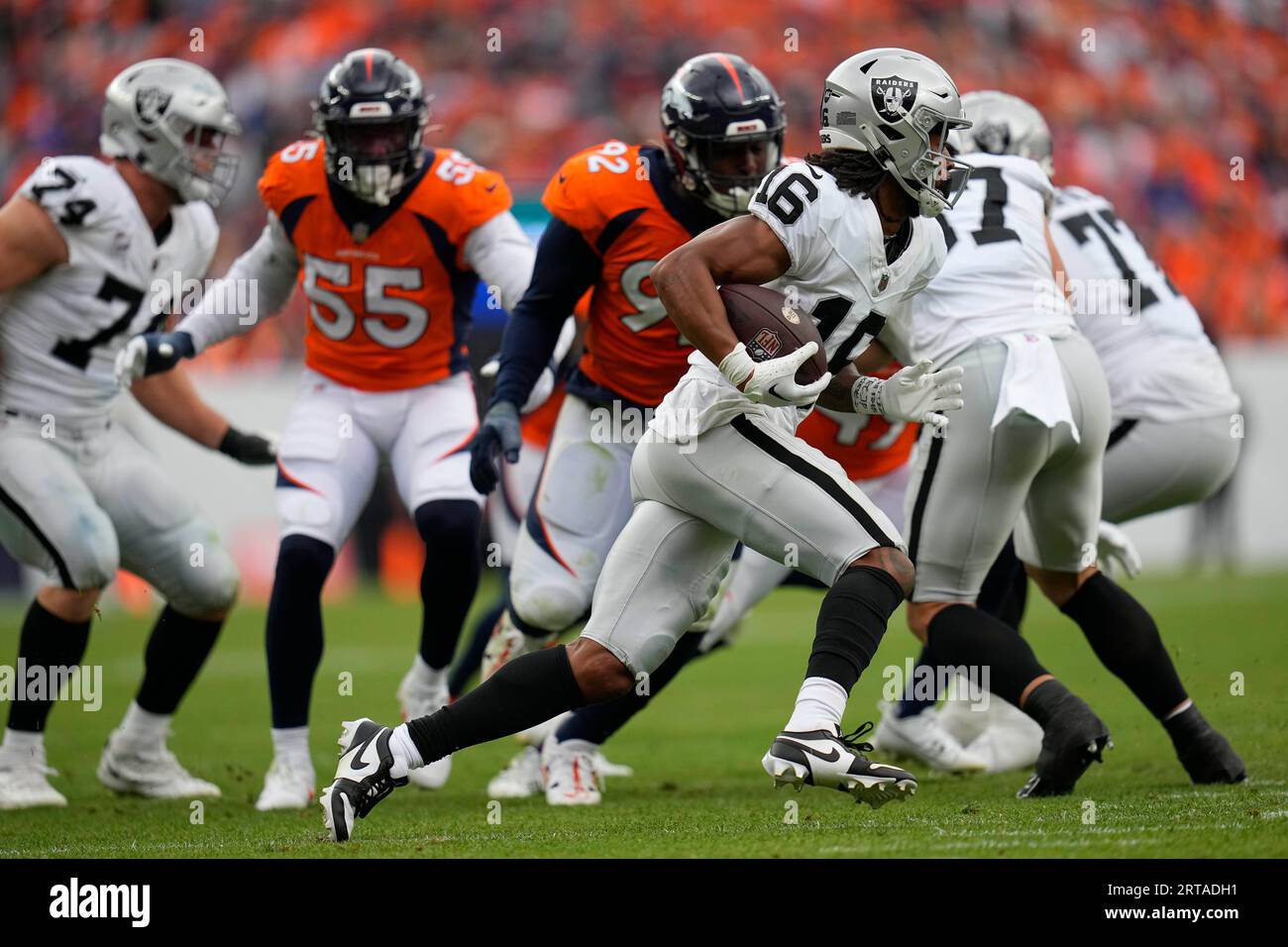 Las Vegas Raiders wide receiver Jakobi Meyers (16) runs against the Denver Broncos during an NFL ...