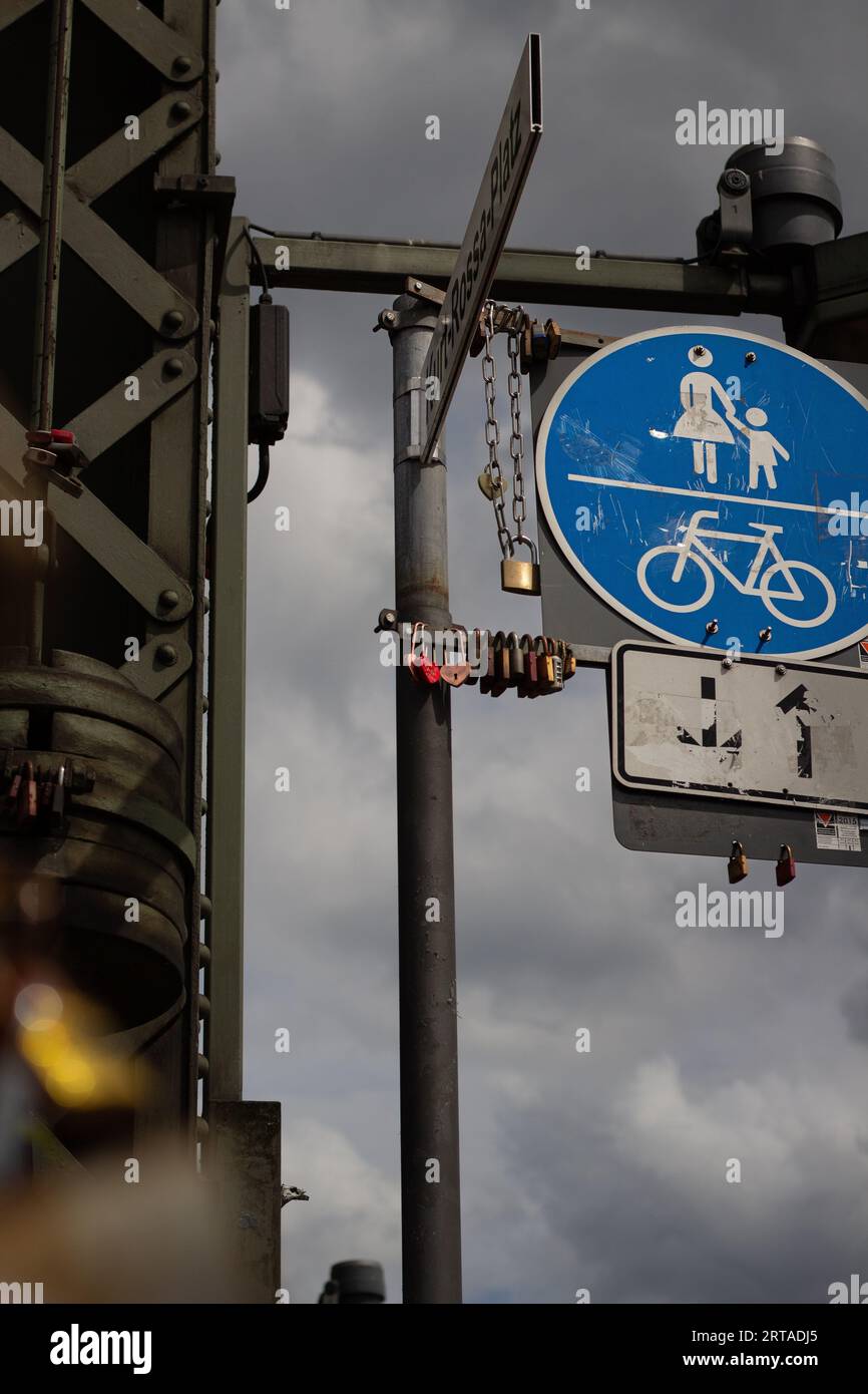 An image of a street sign with pedestrian and cyclist symbols located ...