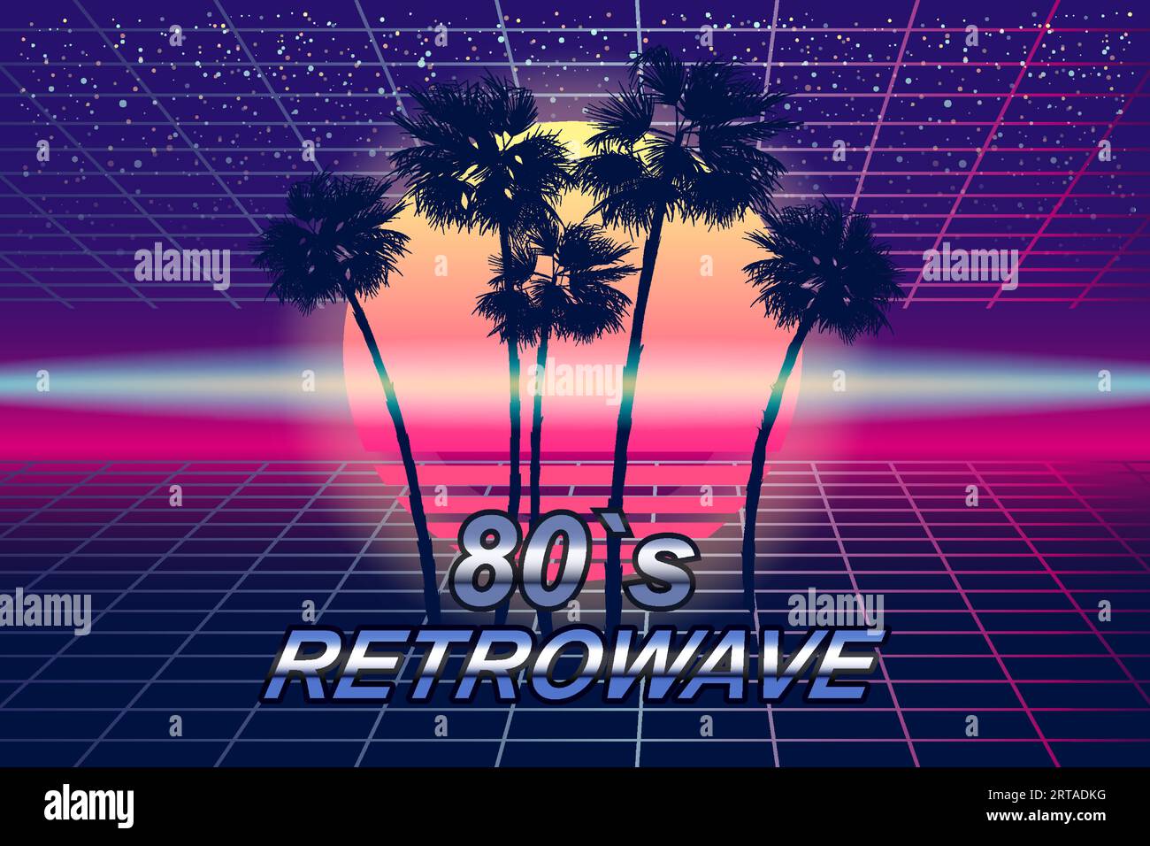 Retrowave 80's retro banner vaporwave aesthetic background. Palms silhouette grid 3d, sunset ...