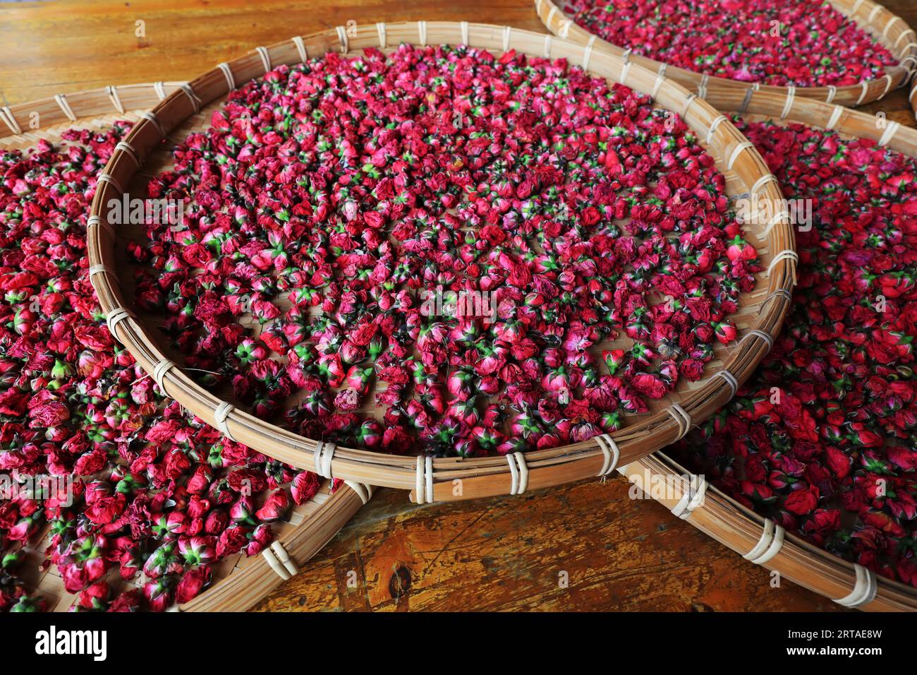 The dried roses are in the basket, in a rose processing factory, Sanya ...