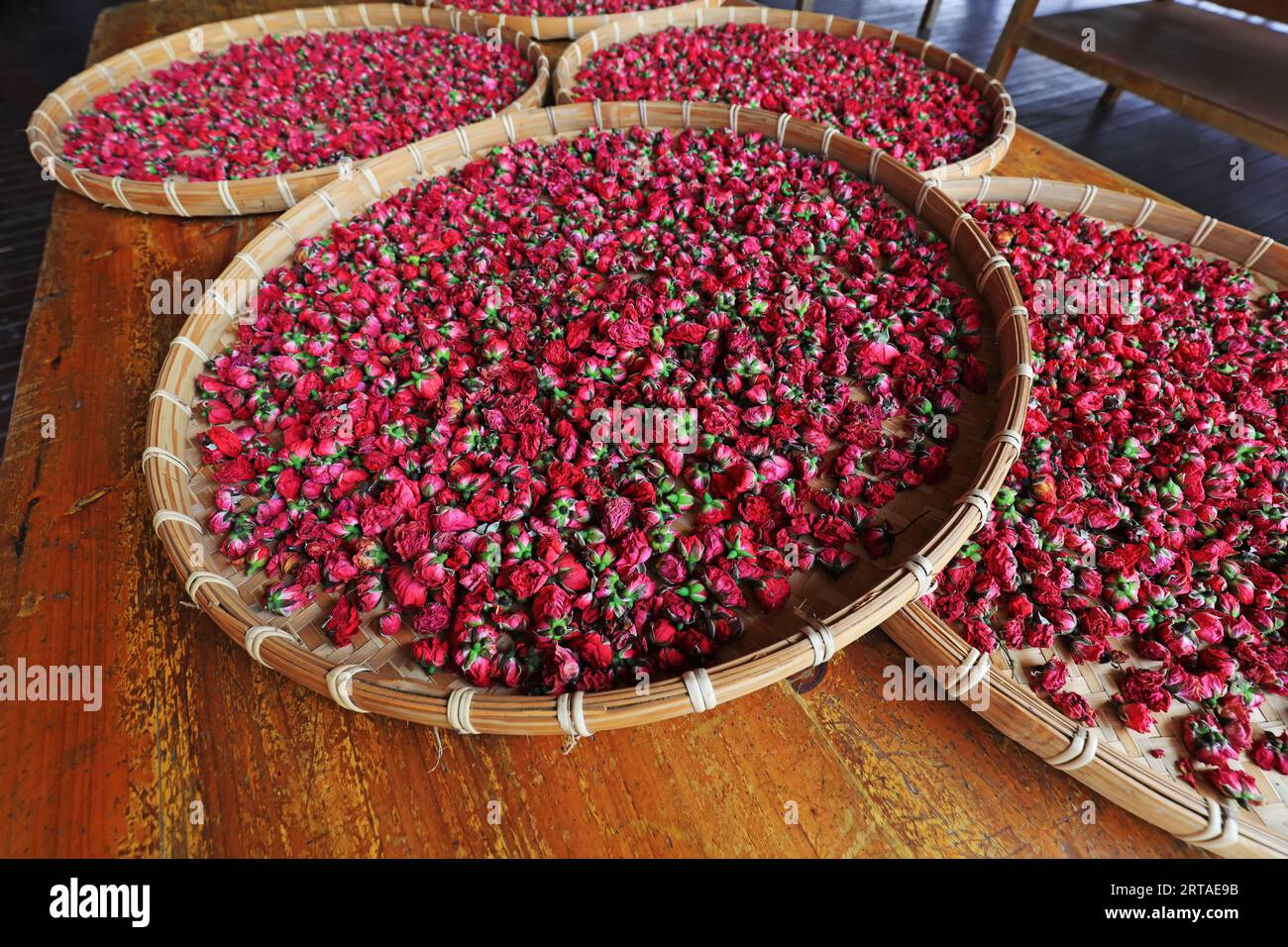 The dried roses are in the basket, in a rose processing factory, Sanya ...