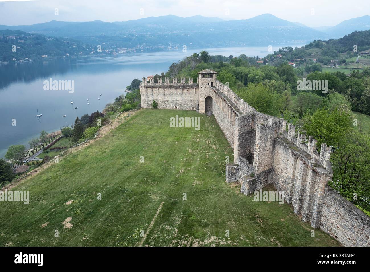 The castle walls of Rocca di Angera on Lake Maggiore, Varese Province ...