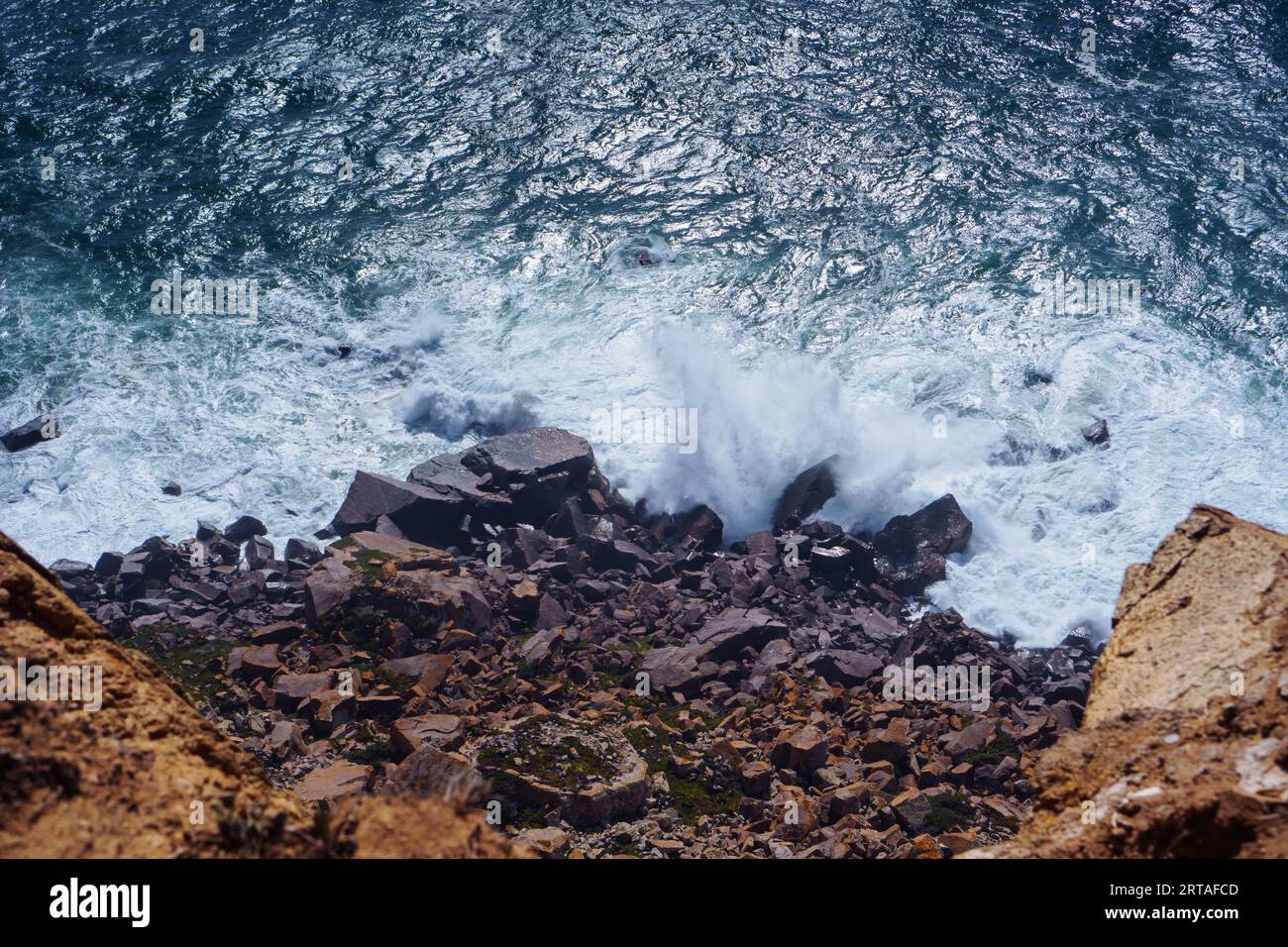 Top view of dangerous rocky beach seashore coastline surrounded by ...