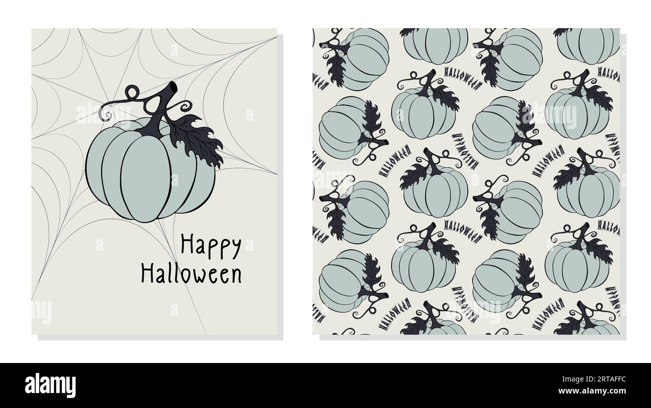 Halloween set Happy Halloween poster with hand drawn pumpkin and ...