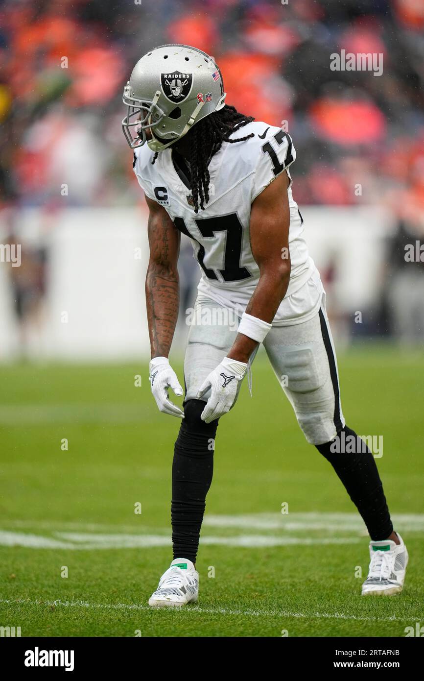 Las Vegas Raiders wide receiver Davante Adams (17) lines up against the Denver Broncos during an ...
