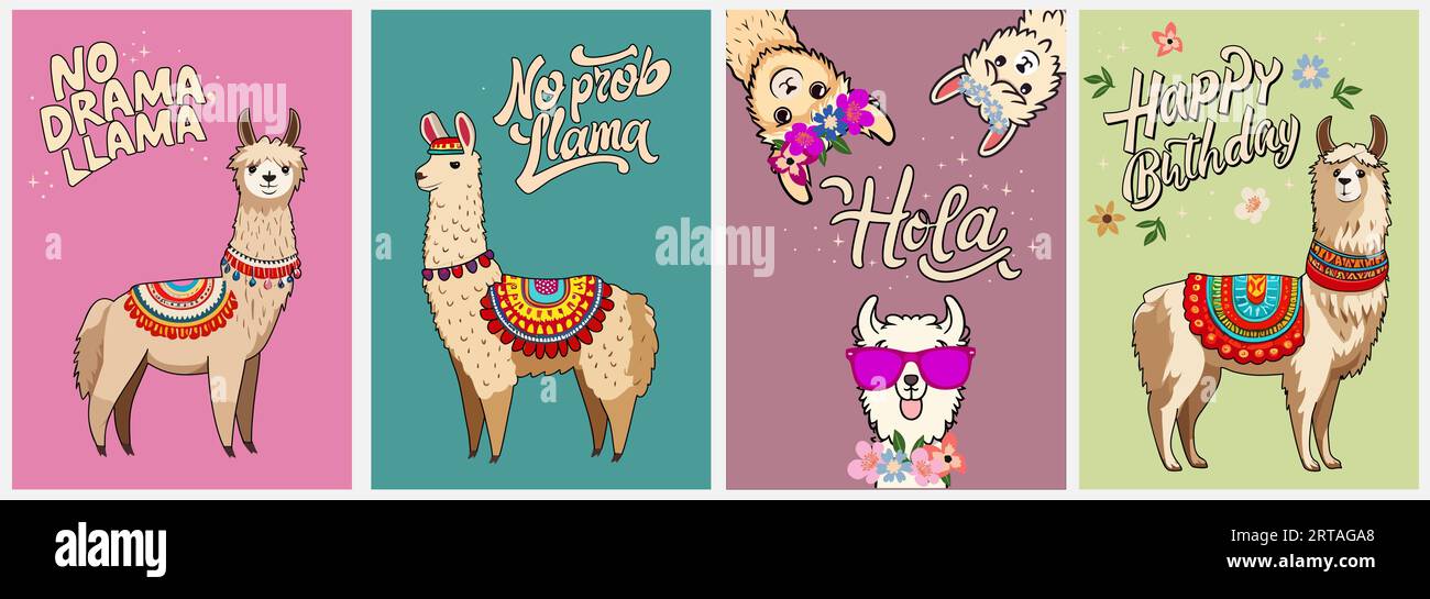 Set of card templates with Cute llama alpaca Stock Vector Image & Art ...
