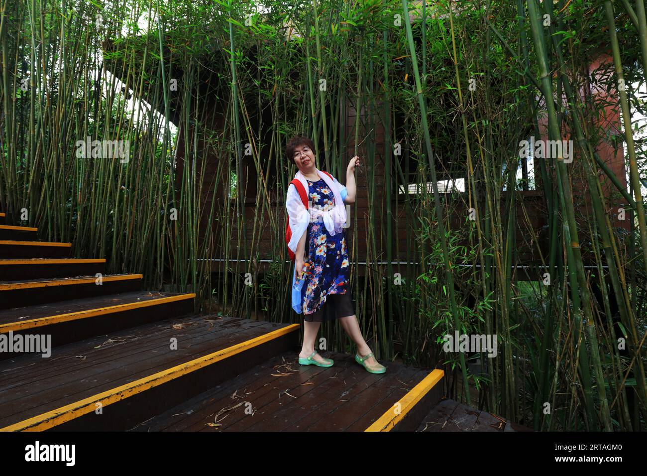 Sanya City, China - April 1, 2019: A lady was playing by the bamboo ...
