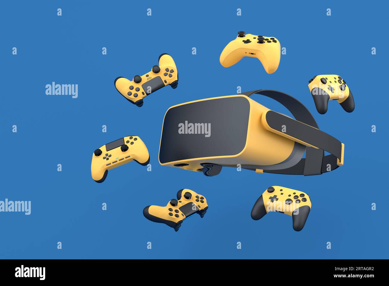 Top view gamer gears like joystick and VR glasses on blue background. 3d render of accessories ...