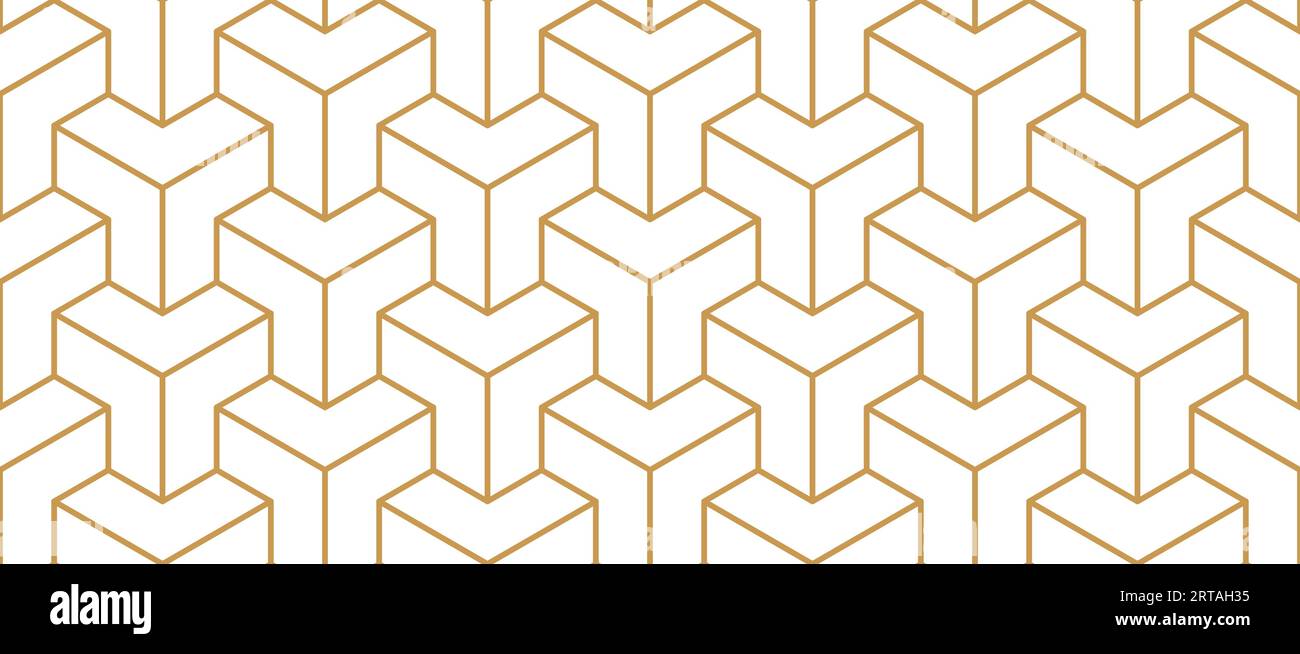 Geometric line tile seamless pattern. Isometric modern cube grid background. White and gold ...