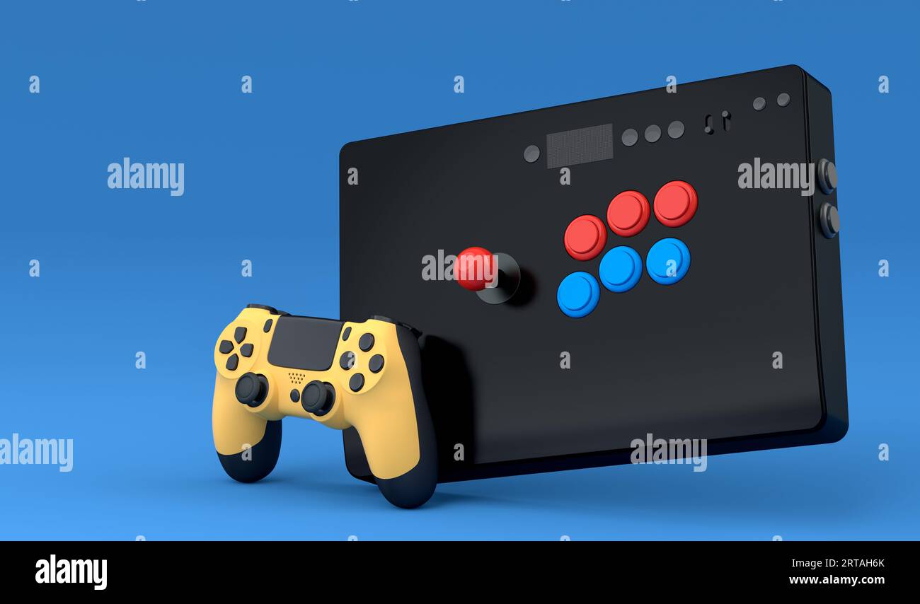 Top view gamer gears like joystick and vintage arcade stick on blue ...