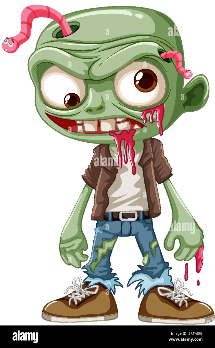 A vector cartoon illustration of a male zombie with a worm protruding ...