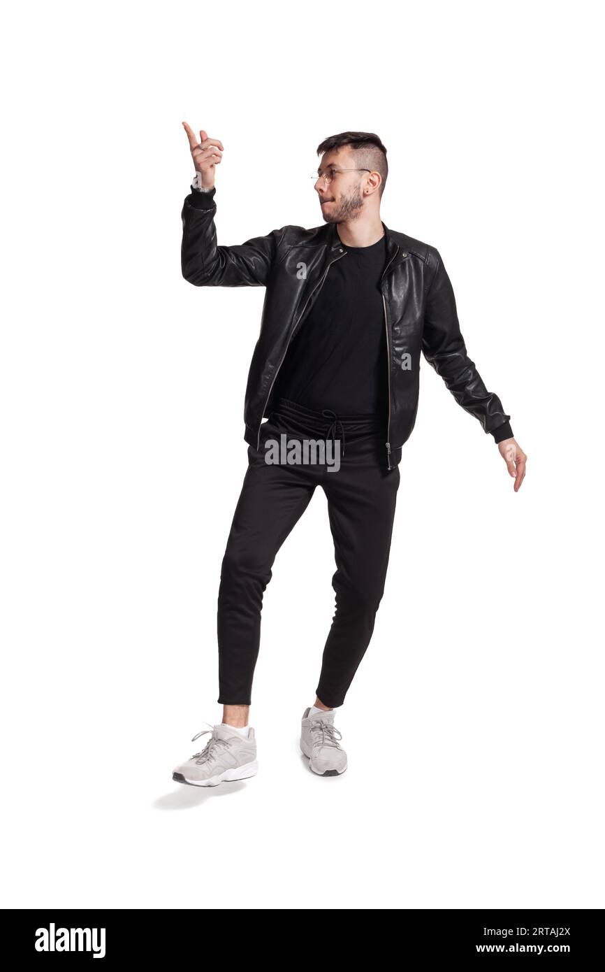 Full-length photo of a funny guy dancing in studio isolated on white ...