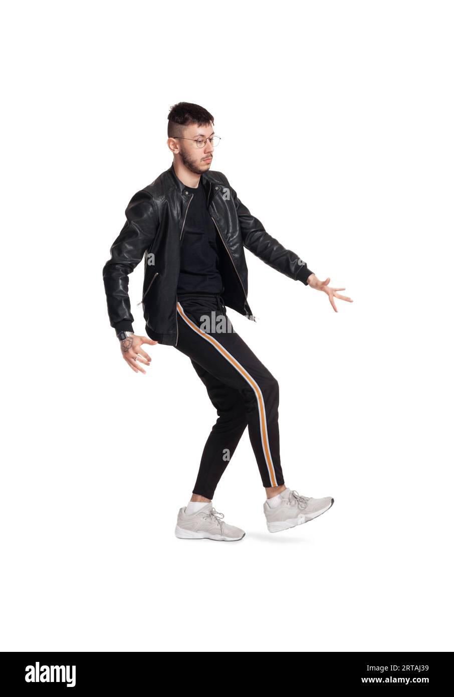 Full-length photo of a funny guy dancing in studio isolated on white ...