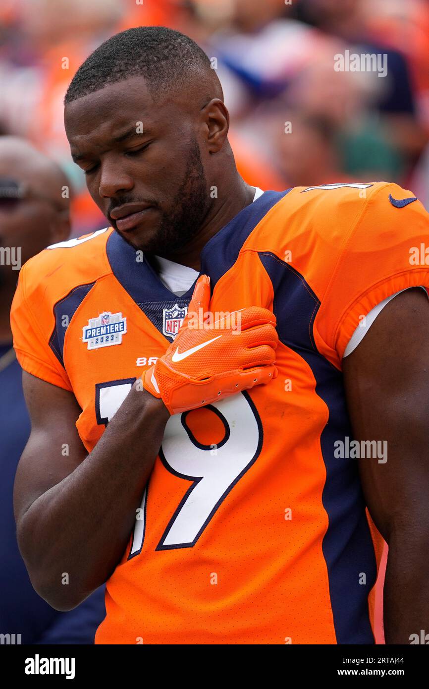 Denver Broncos wide receiver Marvin Mims Jr. (19) looks on against the Las Vegas Raiders during ...