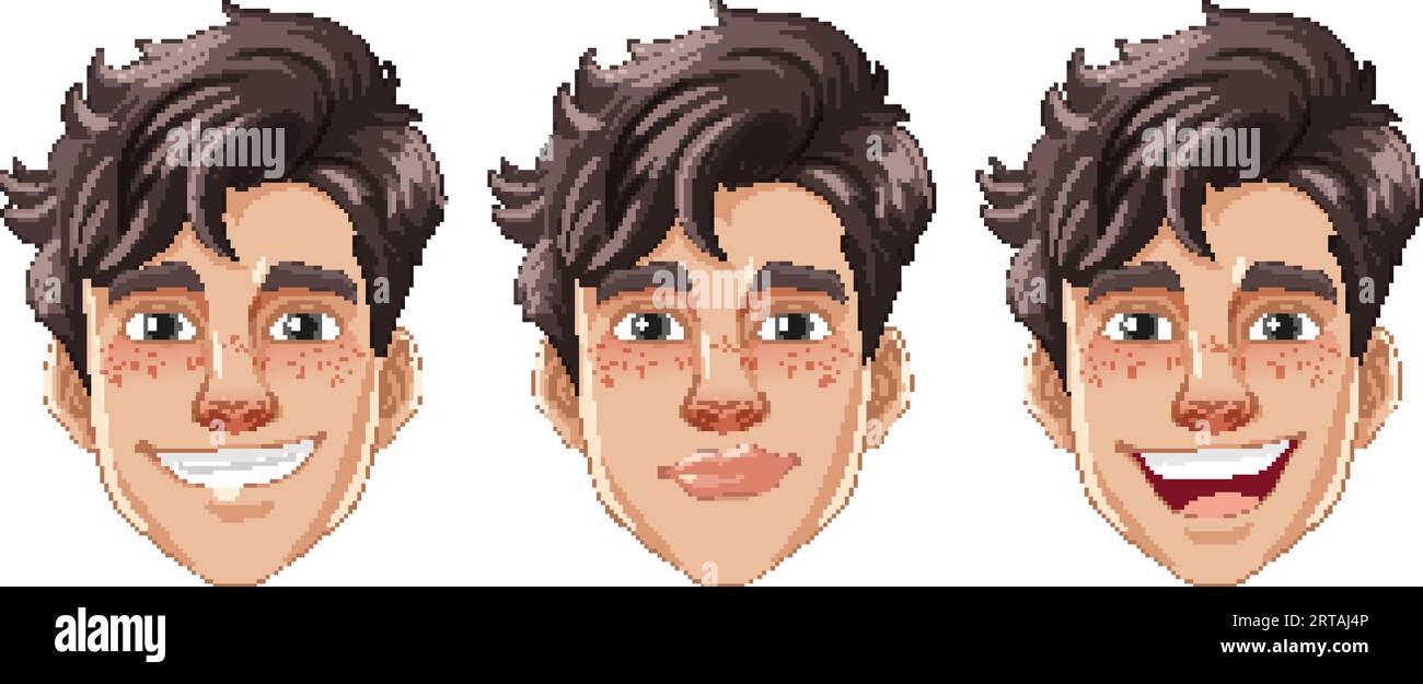 Three cartoon men with cheerful expressions stand side by side Stock ...