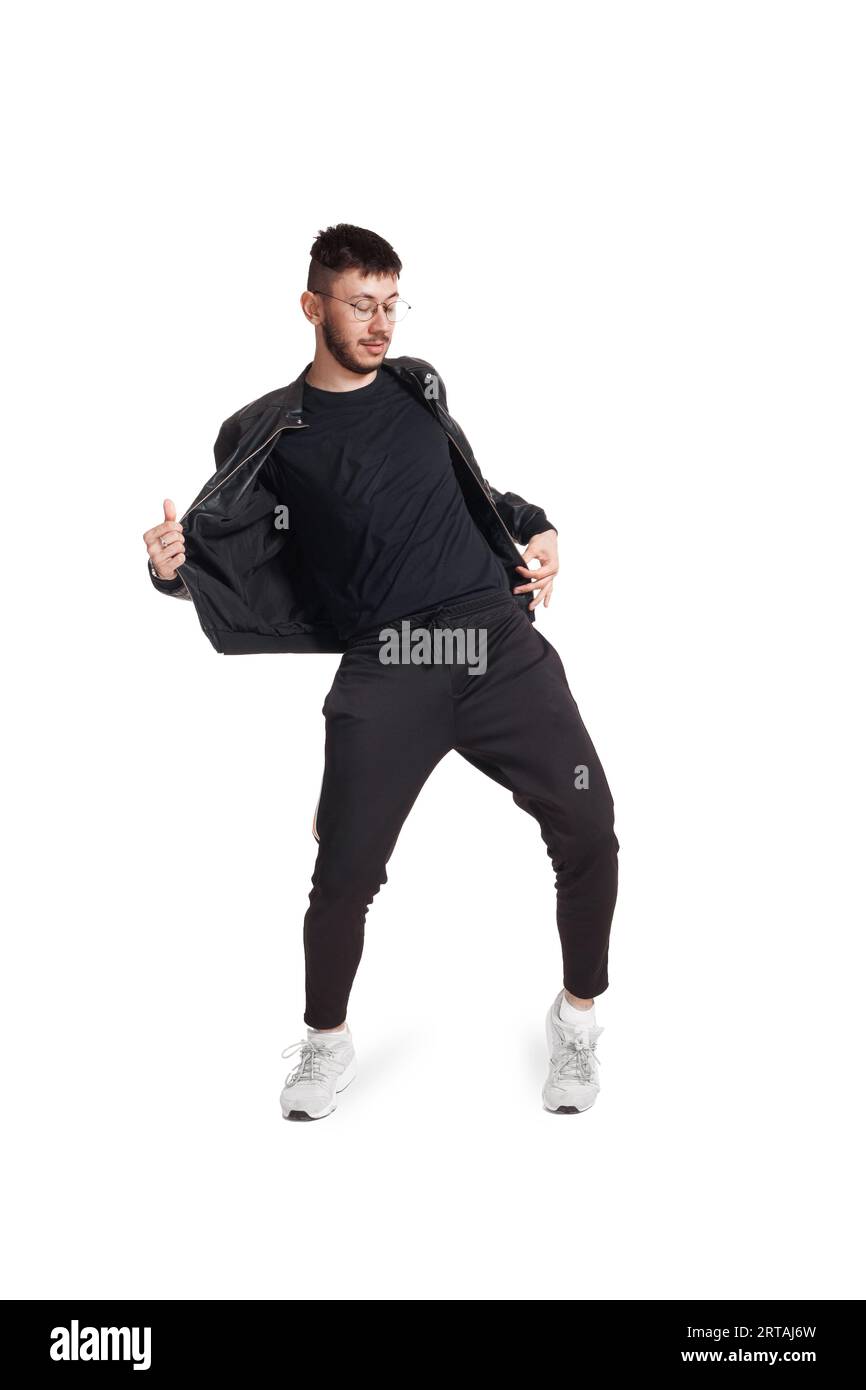 Full-length photo of a funny guy dancing in studio isolated on white ...