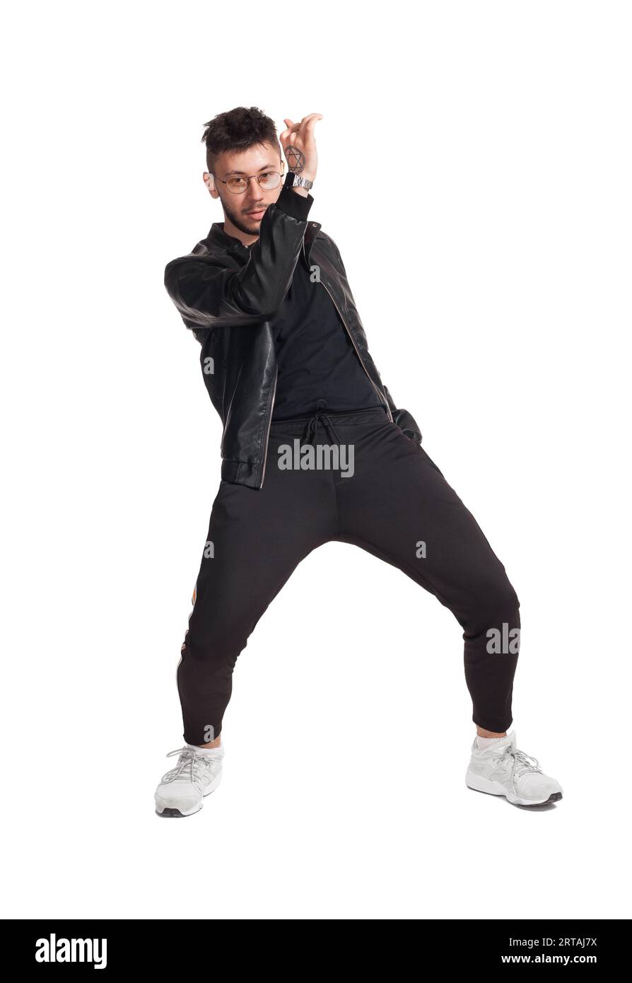 Full-length photo of a funny guy dancing in studio isolated on white ...