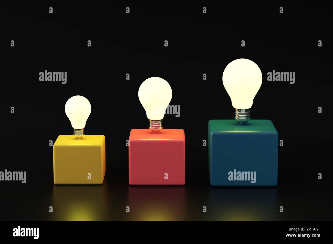 Illuminated light bulbs on colorful cubes. Creative idea development ...