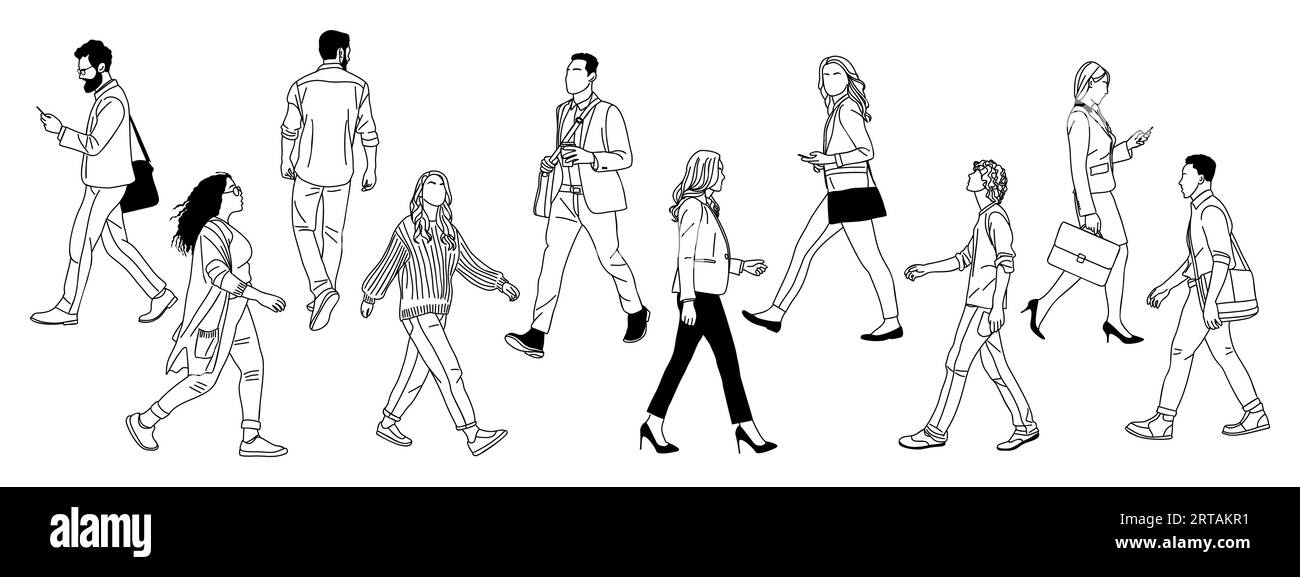 Set of different people walking line art drawing Stock Vector Image ...