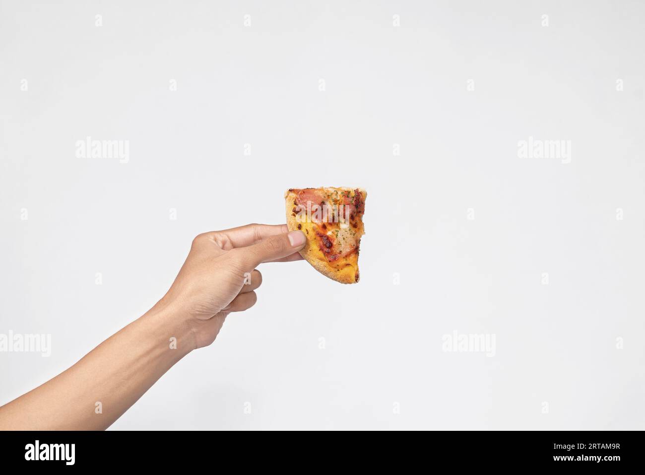 A human hand holding a slice of pizza with a white background Stock ...
