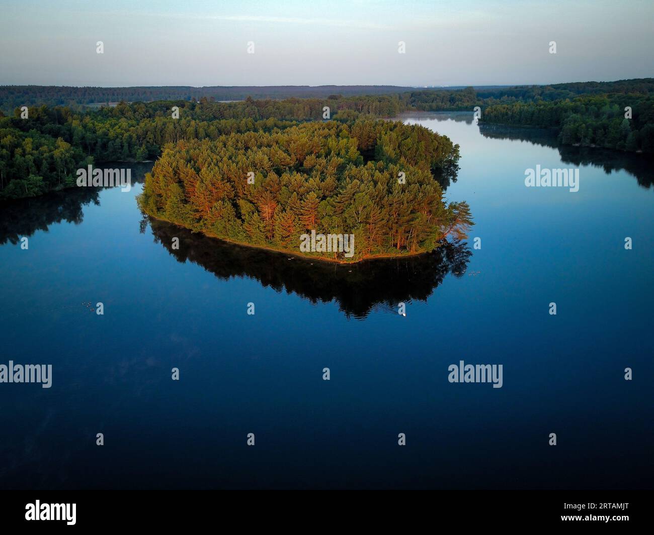 An aerial view of a green forest on an isle in a lake in Bruggen ...