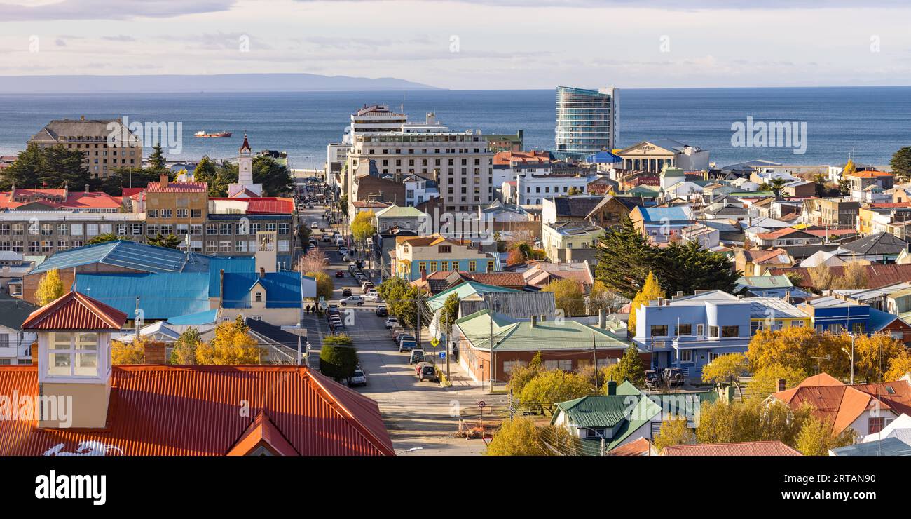 The colorful houses and buildings of Punta Arenas from the Cerro de la ...