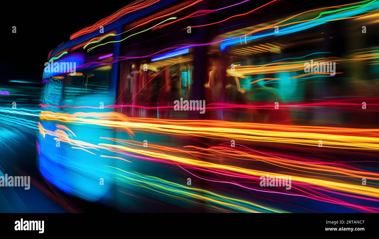 A trolley car passes by a brightly lit road in the evening, with ...