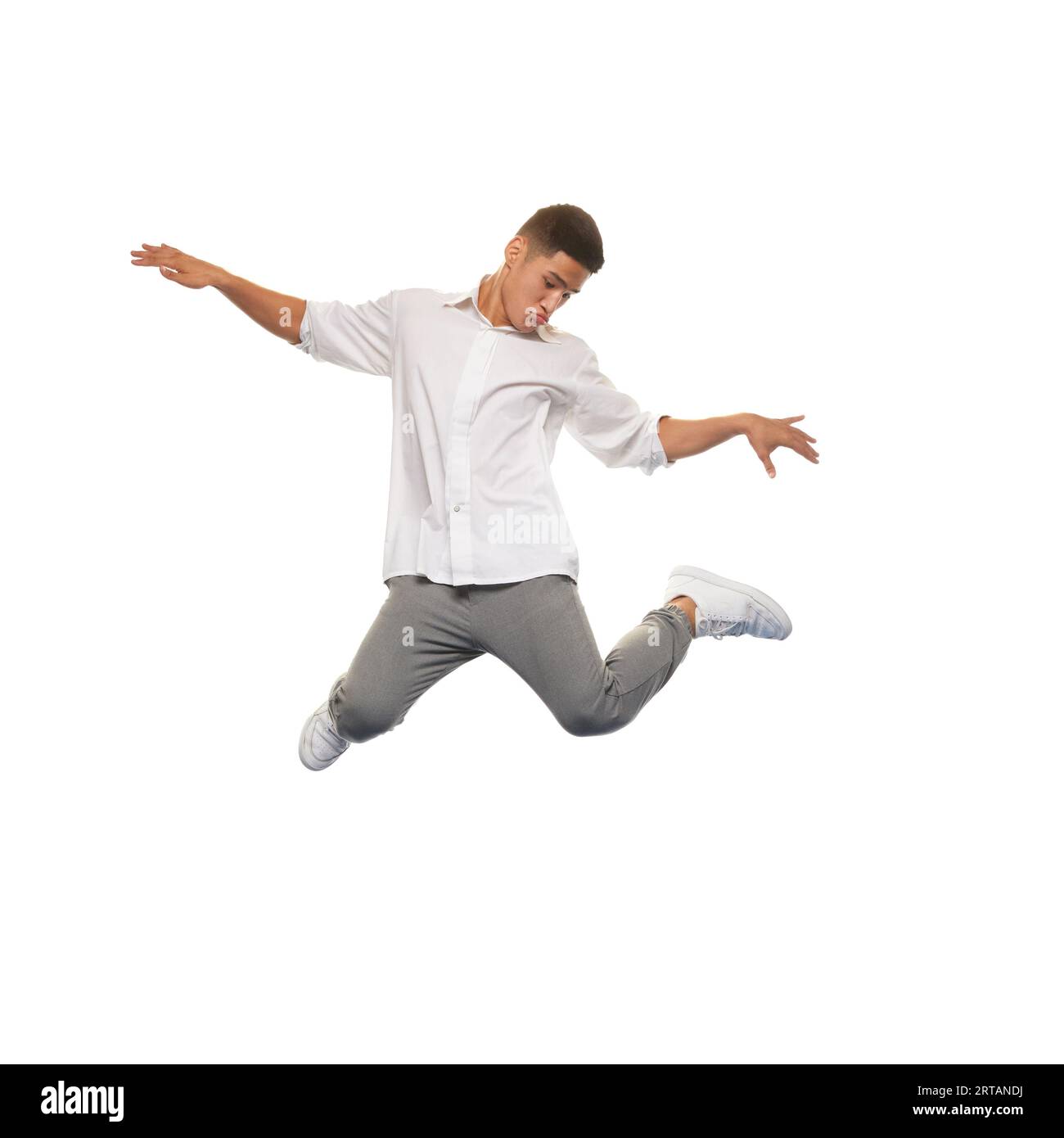 Funny meme emotions. Young stylish guy jumping isolated on white ...