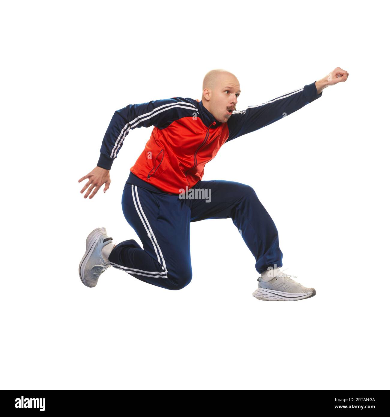 Young man in sportswear jumping in funny meme pose isolated on white ...