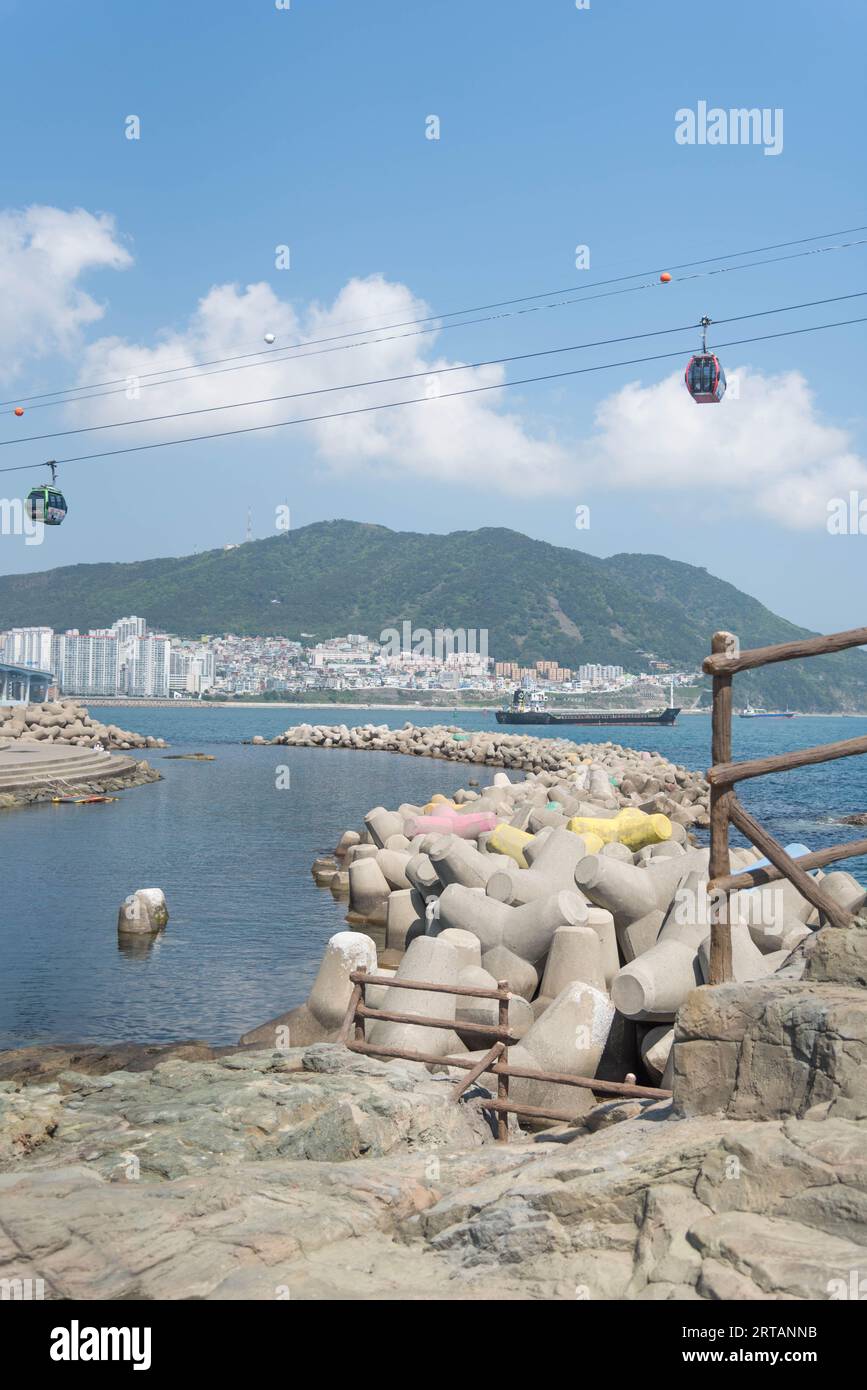 View from Songdo Sky Walk in Busan, Korea, with cable cars in the ...