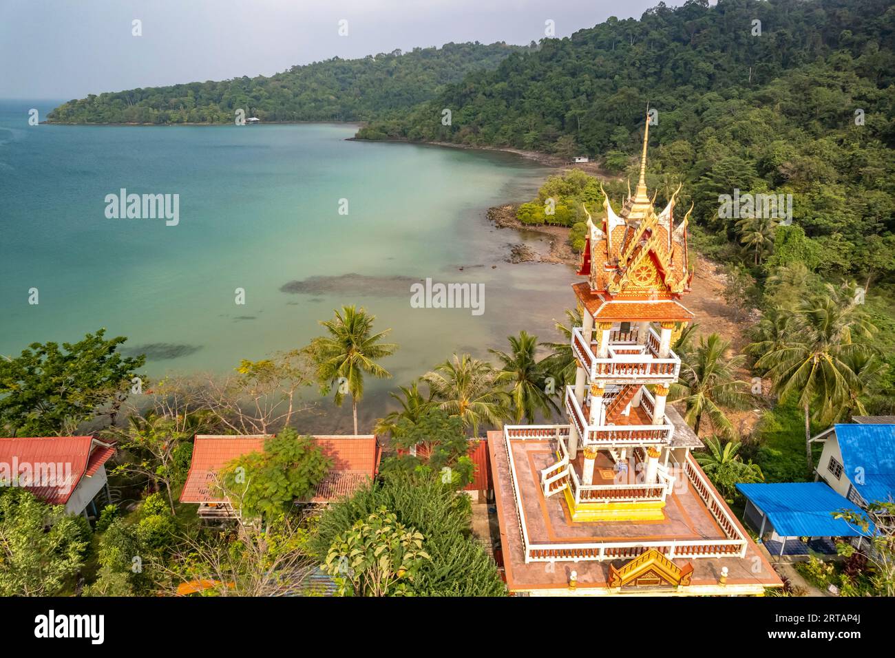 Wat Ao Salat in Ban Ao Salad fishing village seen from the air, island ...