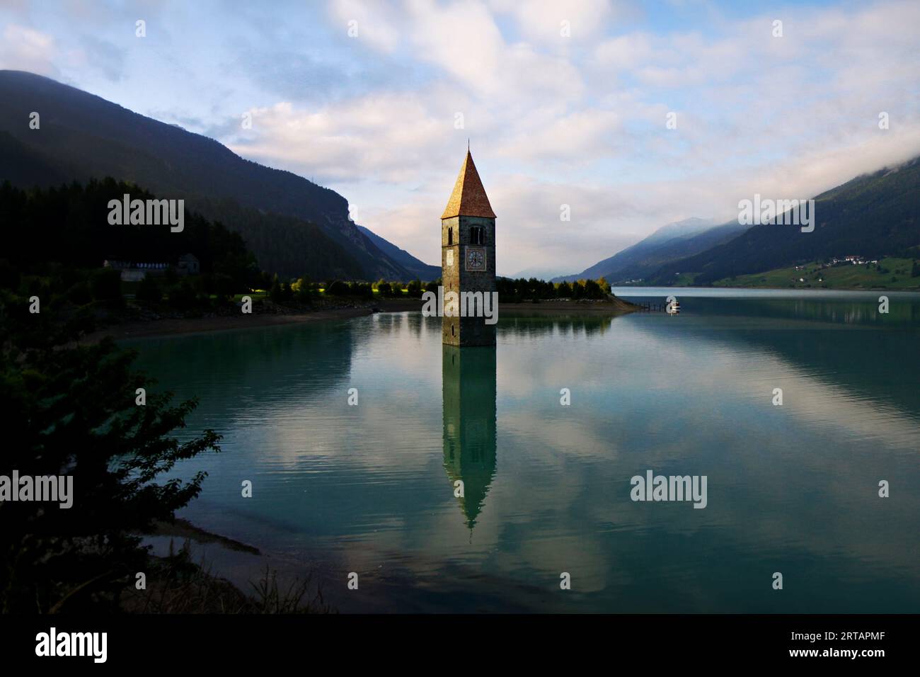 The bell tower in Lake Resia Trentino Alto Adige Italy Stock Photo - Alamy