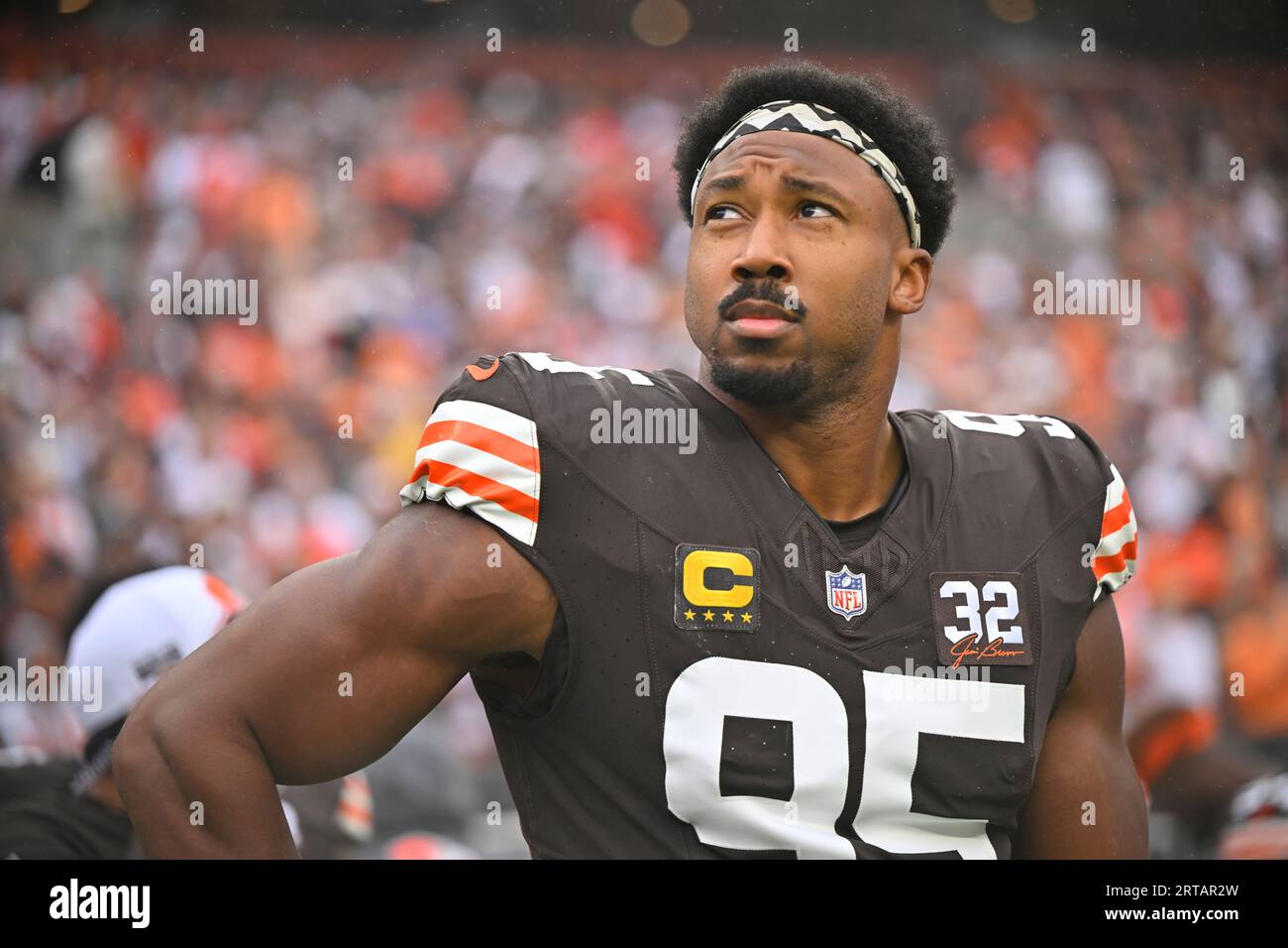 Cleveland Browns defensive end Myles Garrett stands on the field before ...