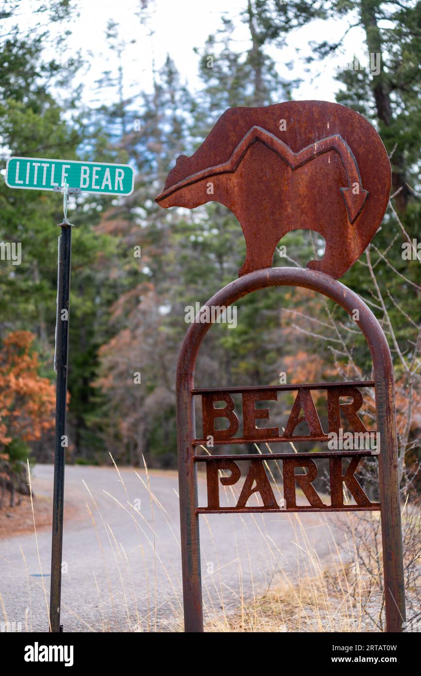 Corrugated metal entry sign for Bear Park near Cloudcroft, New Mexico ...