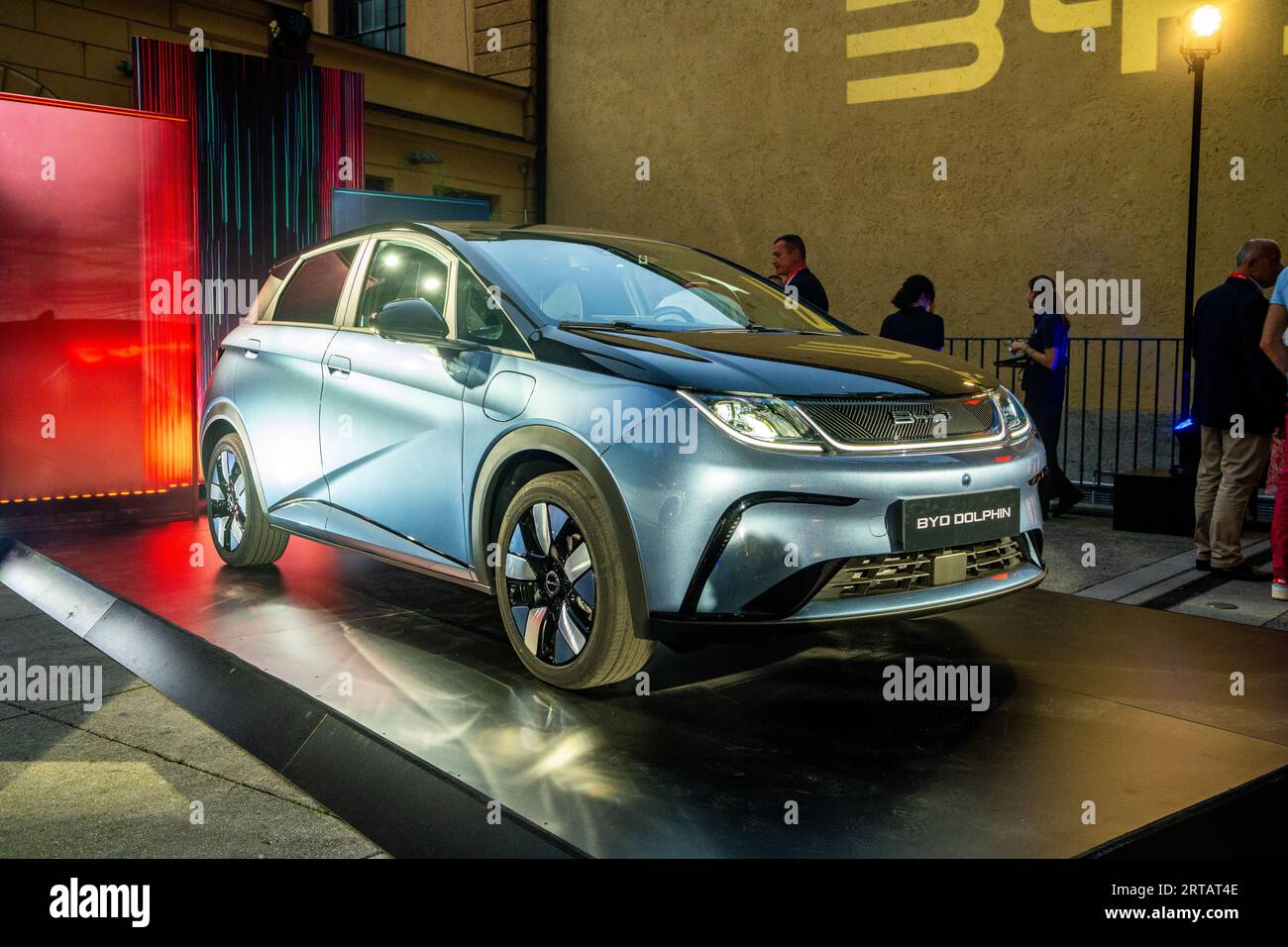 BYD Dolphin electric vehicle displayed outside the BYD brand evening ...