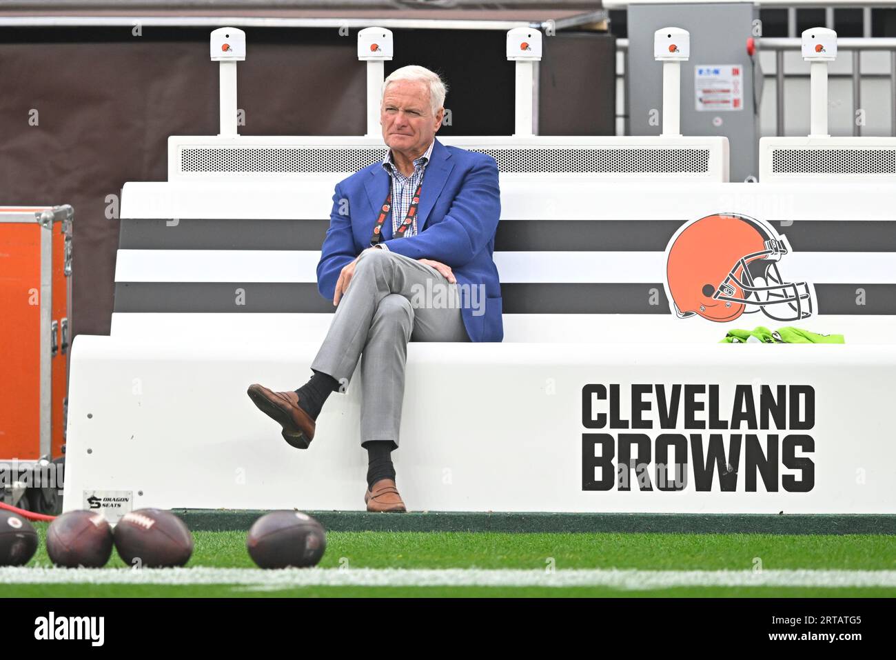 Cleveland Browns owner Jimmy Haslam sits on the team bench before an ...