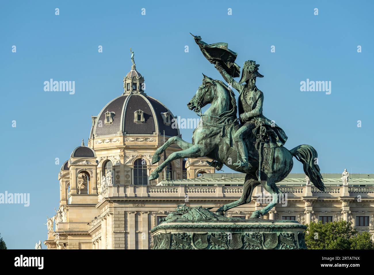 The equestrian statue of Archduke Karl on Heldenplatz and the Natural History Museum in Vienna ...
