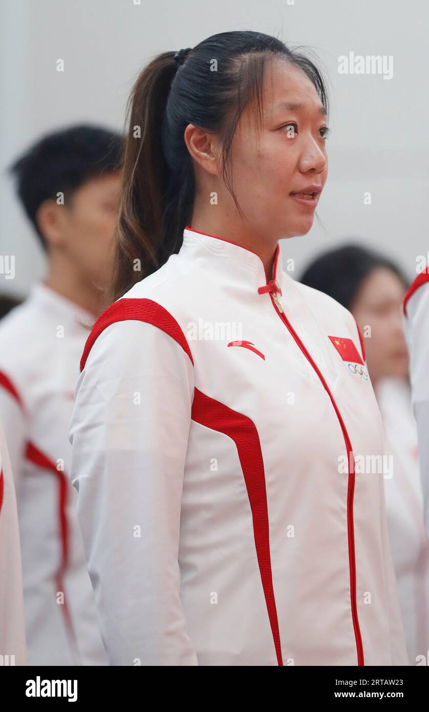 Beijing, China. 12th Sep, 2023. Chinese athlete Liu Shiying sings the ...