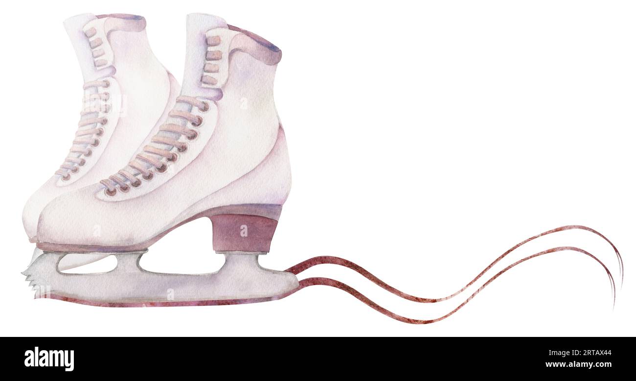 Hand drawn watercolor corner, pair of figure skating boots, ice trail ...