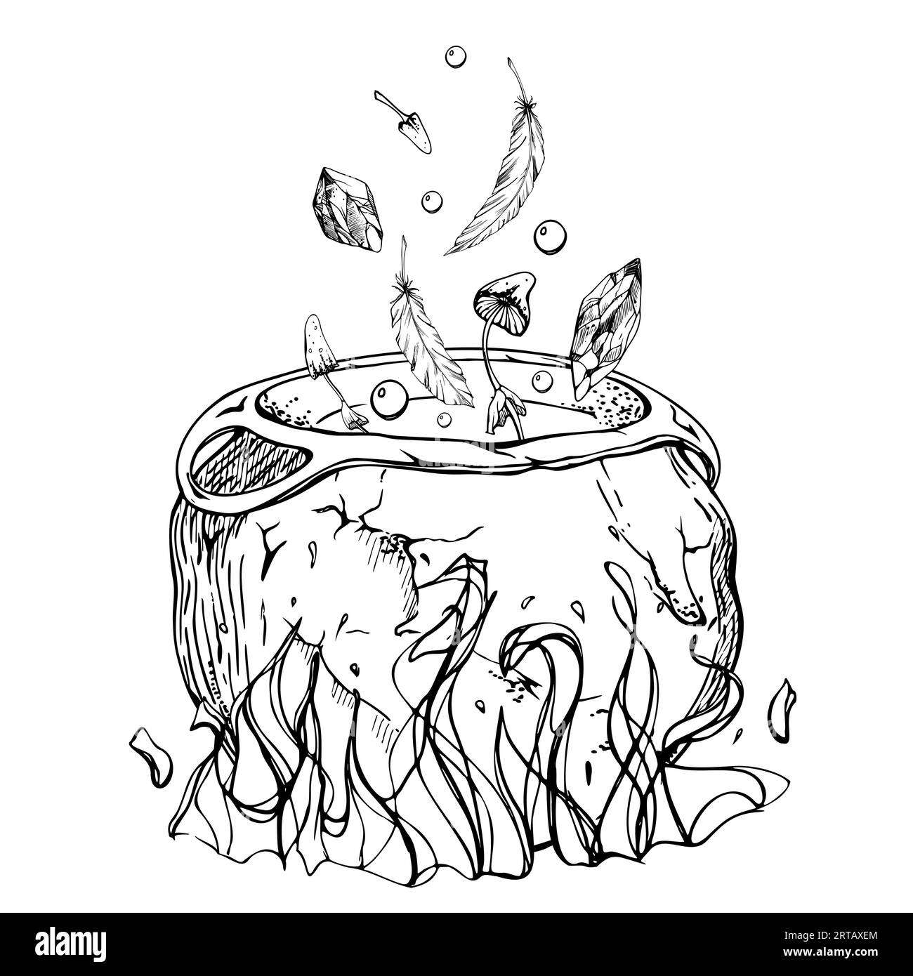 Hand drawn ink vector witch cauldron on fire brewing potion. Sketch ...