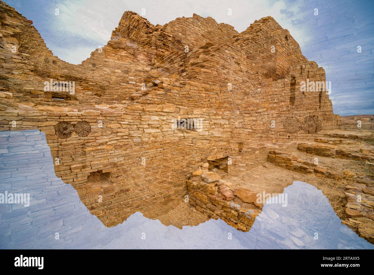 Double exposure of architectural ruins in Pueblo Bonito , the largest ...