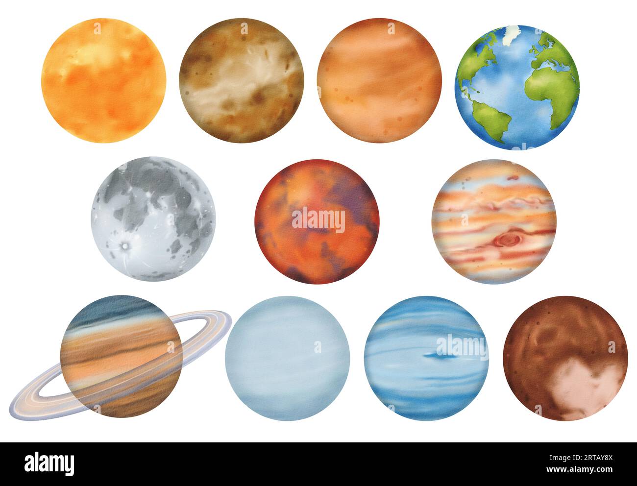 Set. The solar system. Mercury, Venus, Earth with its satellite, the Moon, Mars, Jupiter, Saturn ...